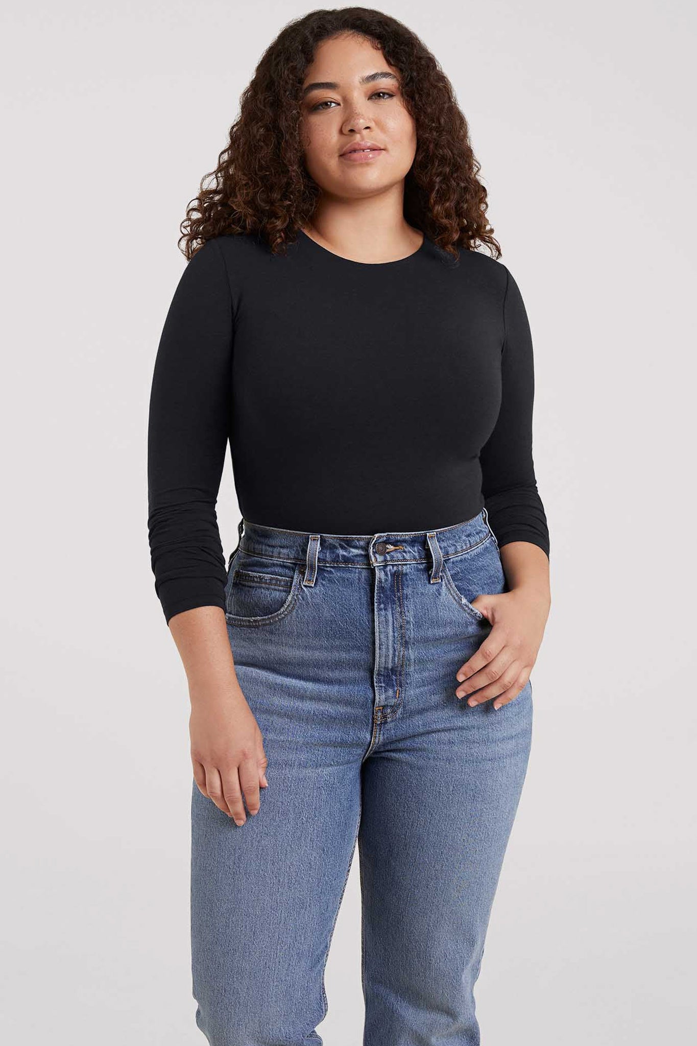 Cotton Stretch Long Sleeve Crewneck Bodysuit | Black – nuuds
