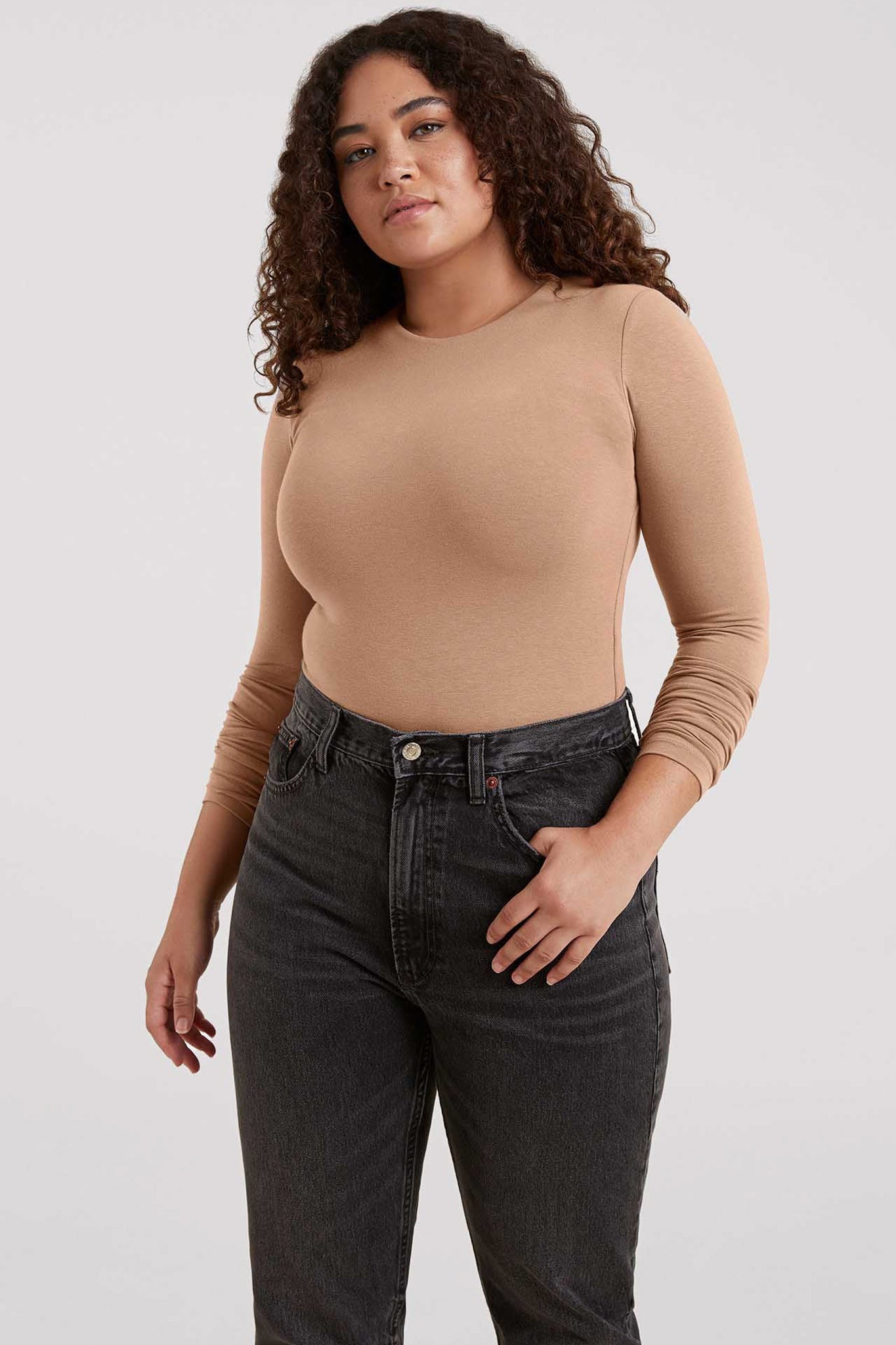 Cotton Stretch Long Sleeve Crewneck Bodysuit | Cinnamon – nuuds