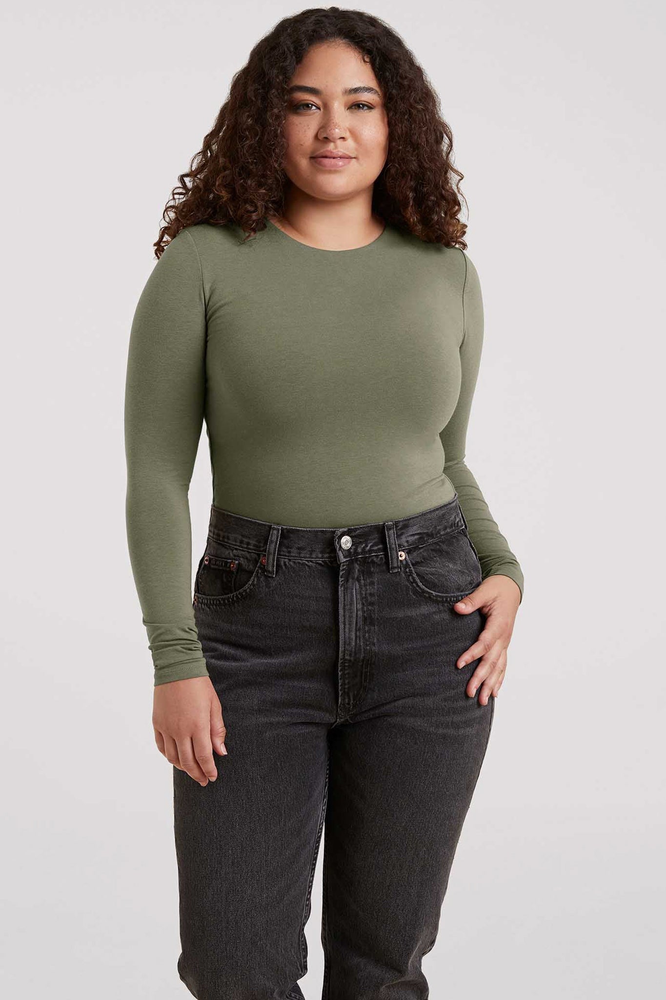 Cotton Stretch Long Sleeve Crewneck Bodysuit | Olive – nuuds
