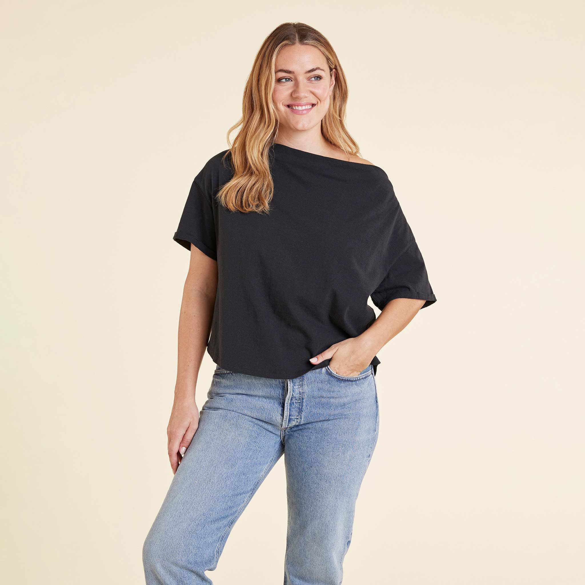 Vintage Cotton Off The Shoulder T-Shirt | Black