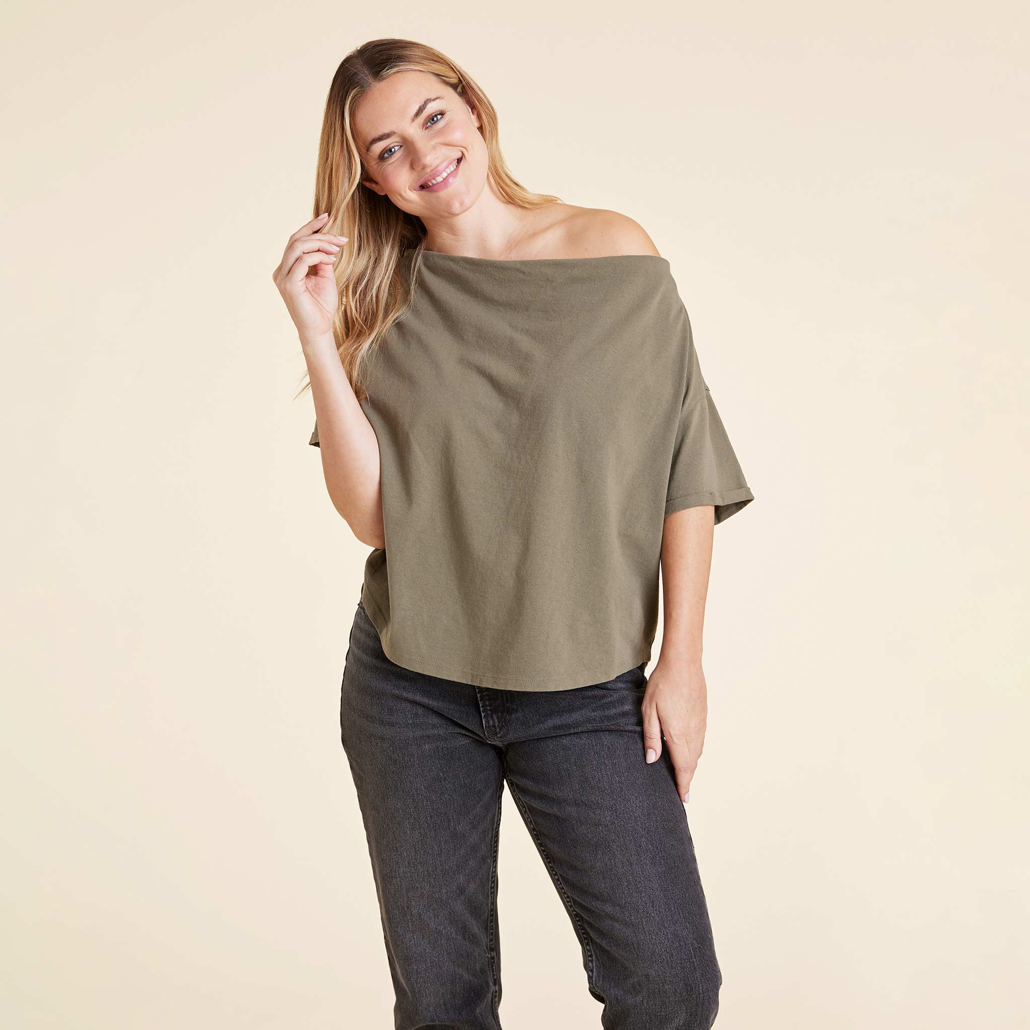 Vintage Cotton Off The Shoulder T-Shirt | Olive