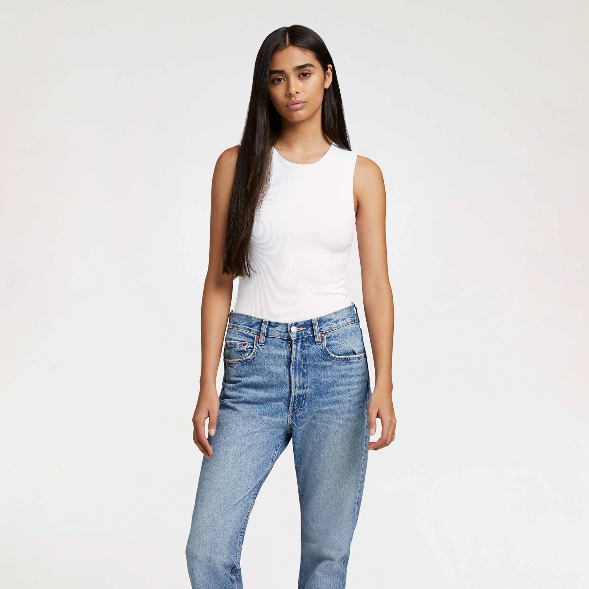 Ribbed Crewneck Tank Bodysuit | White