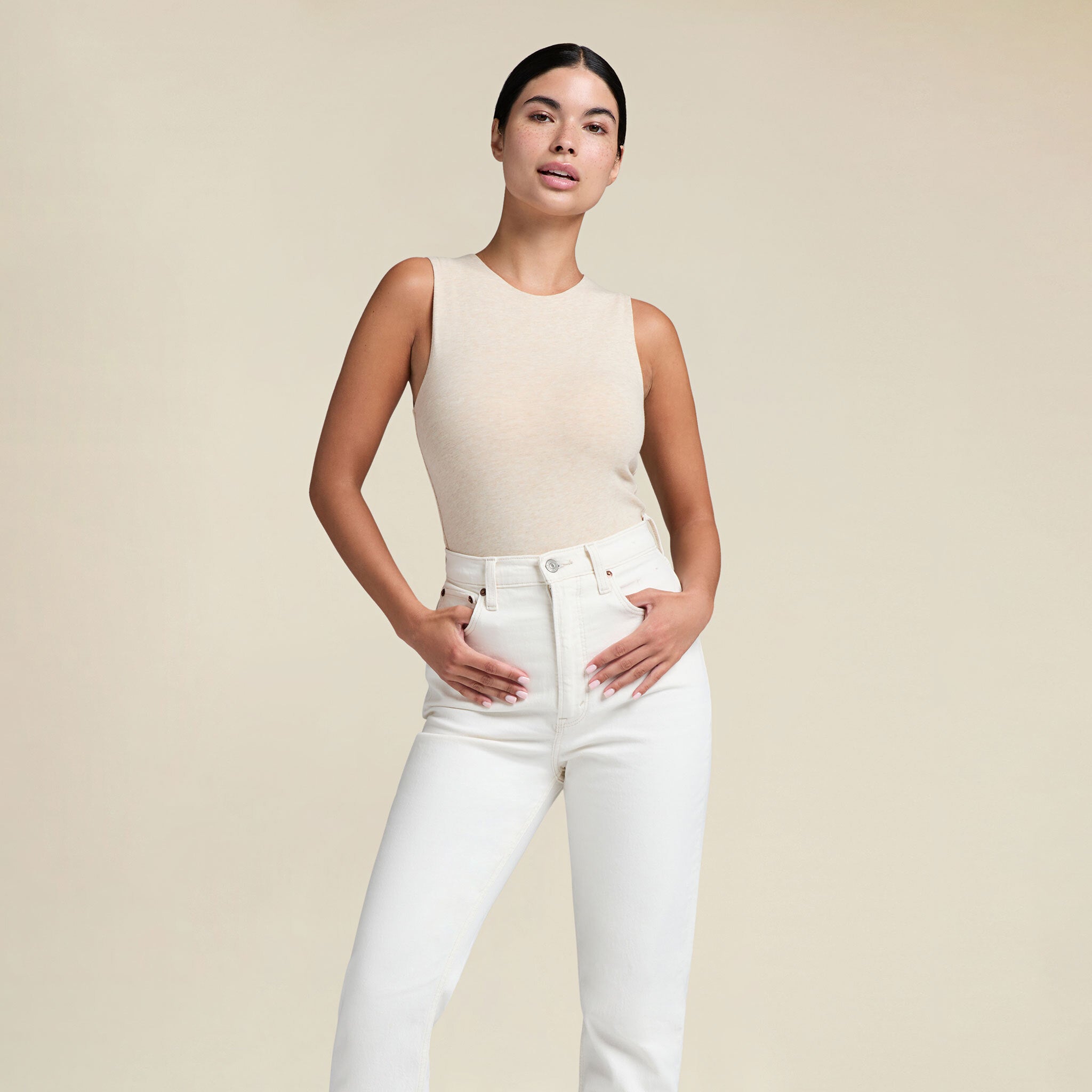 Cotton Stretch Classic Crew Tank Bodysuit | Heather Bone