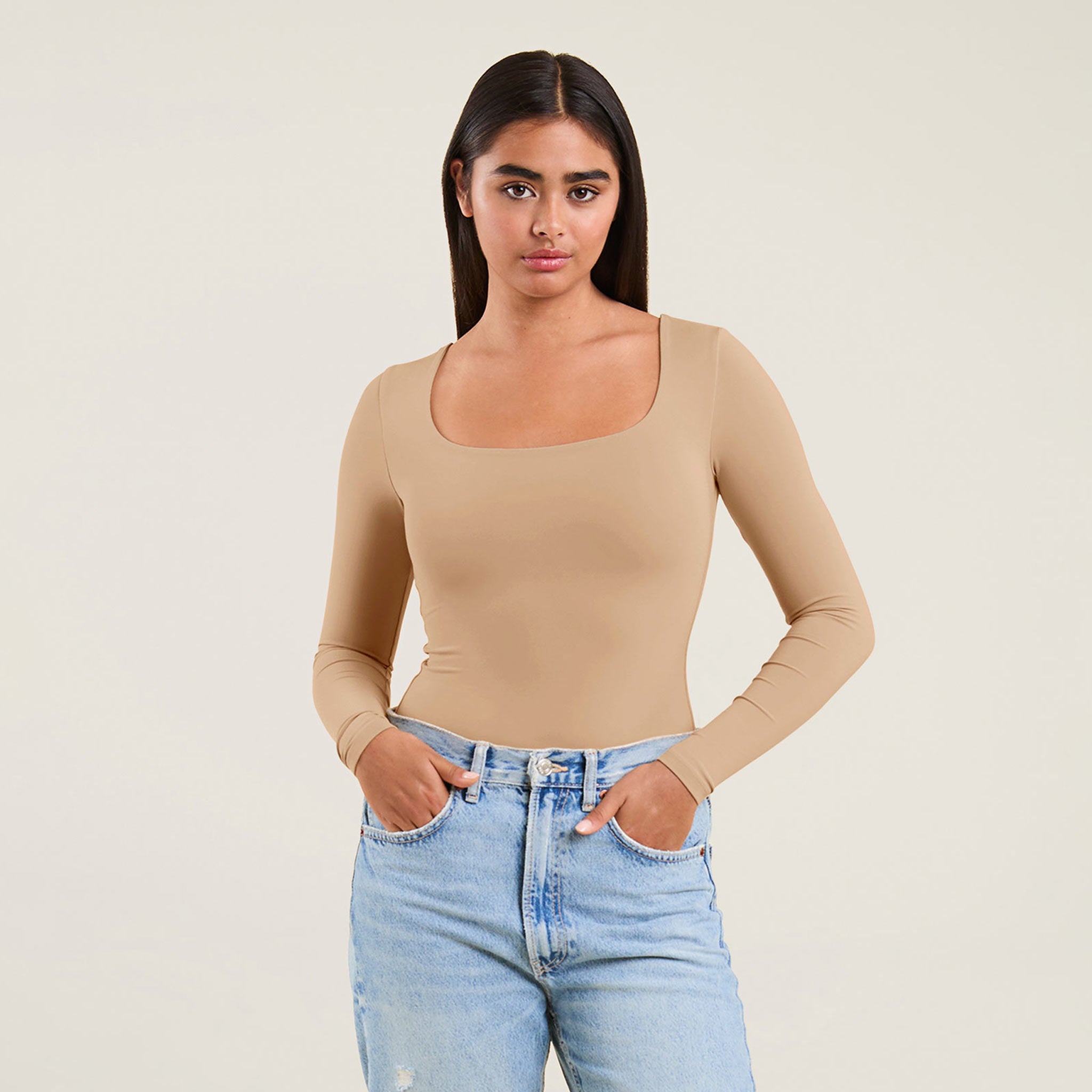 Long Sleeve Square Neck Bodysuit | Oat