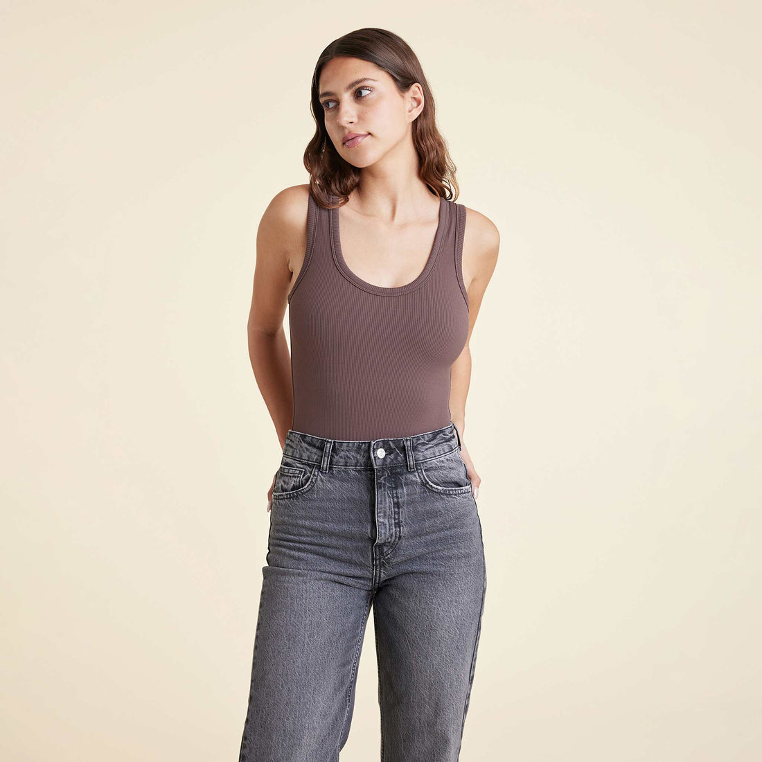 Ribbed Scoop Tank Bodysuit | Coffee