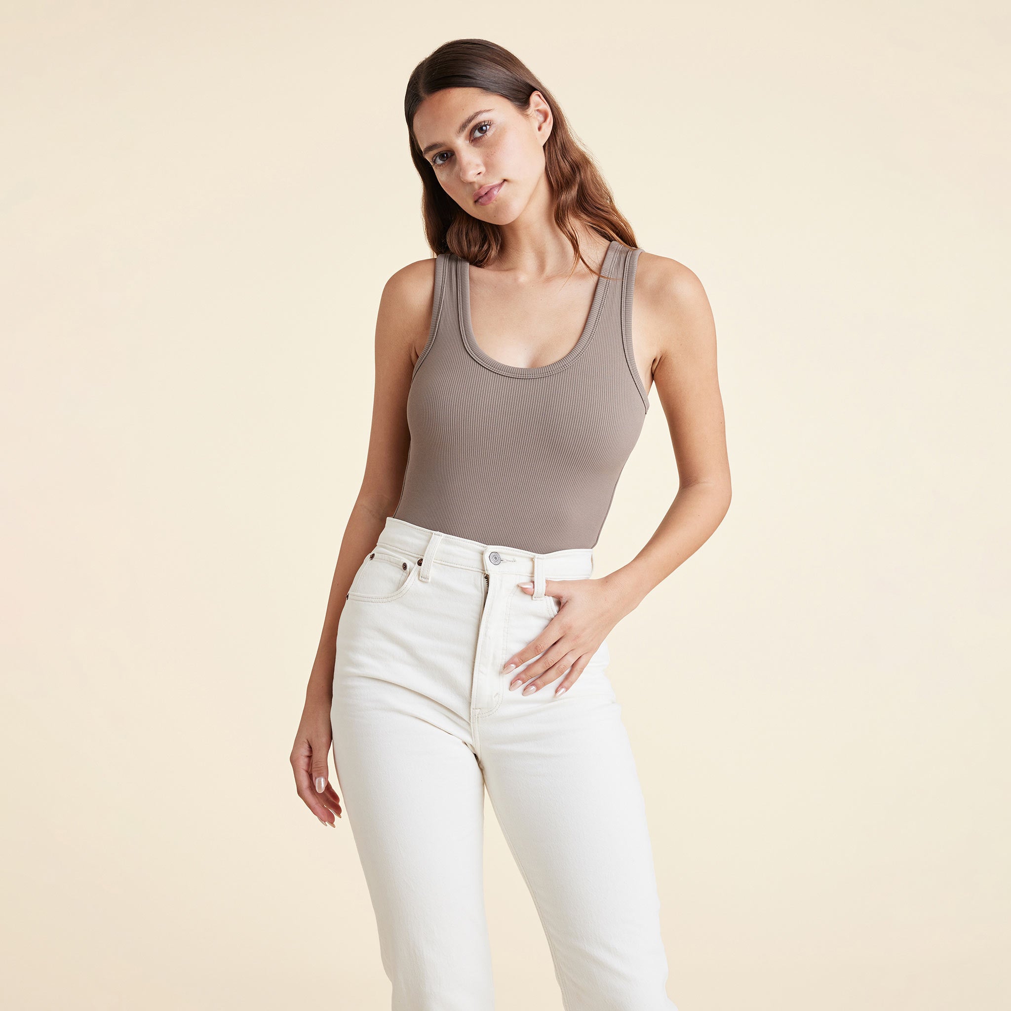 Ribbed Scoop Tank Bodysuit | Mocha