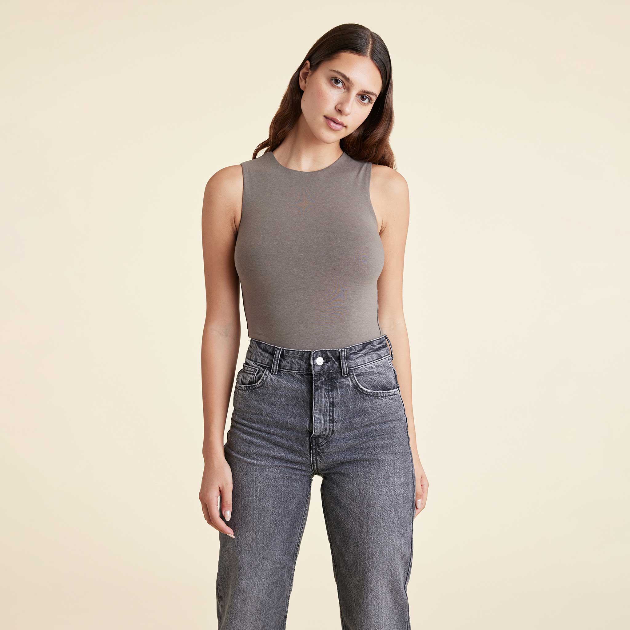 Cotton Stretch Classic Crewneck Tank Bodysuit | Mocha