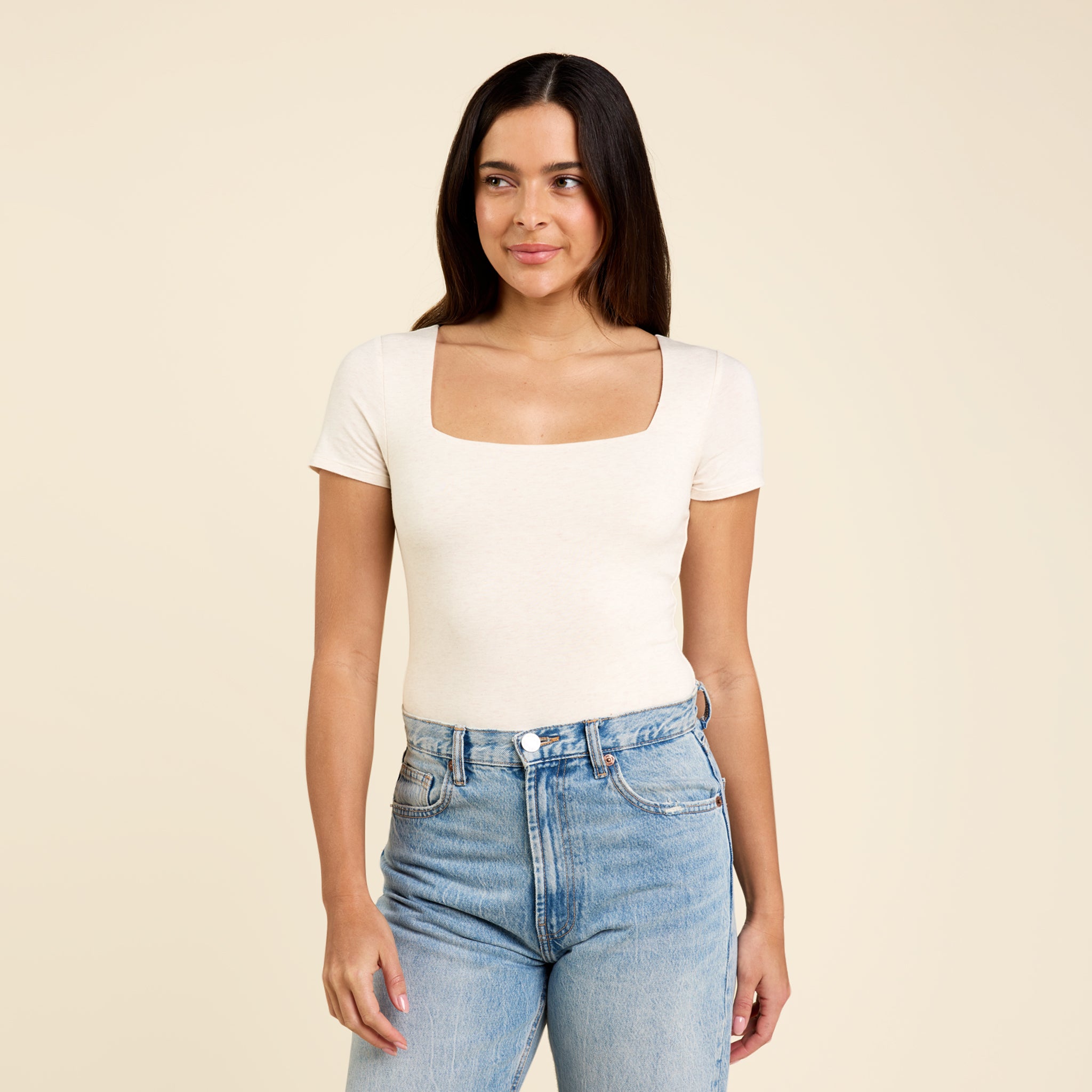 Cotton Stretch Short Sleeve Square Neck Bodysuit | Heather Bone